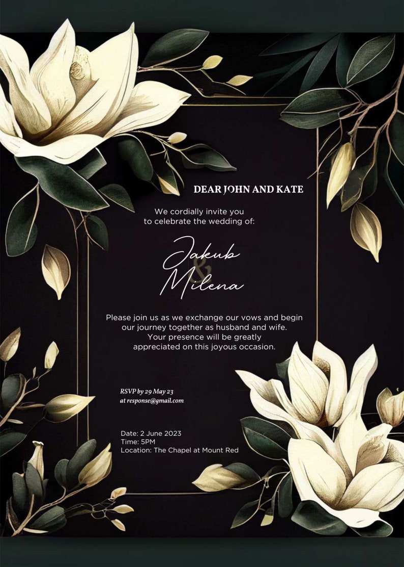 Elegant Magnolia Wedding Invitation. Dark Almost Black Background ...