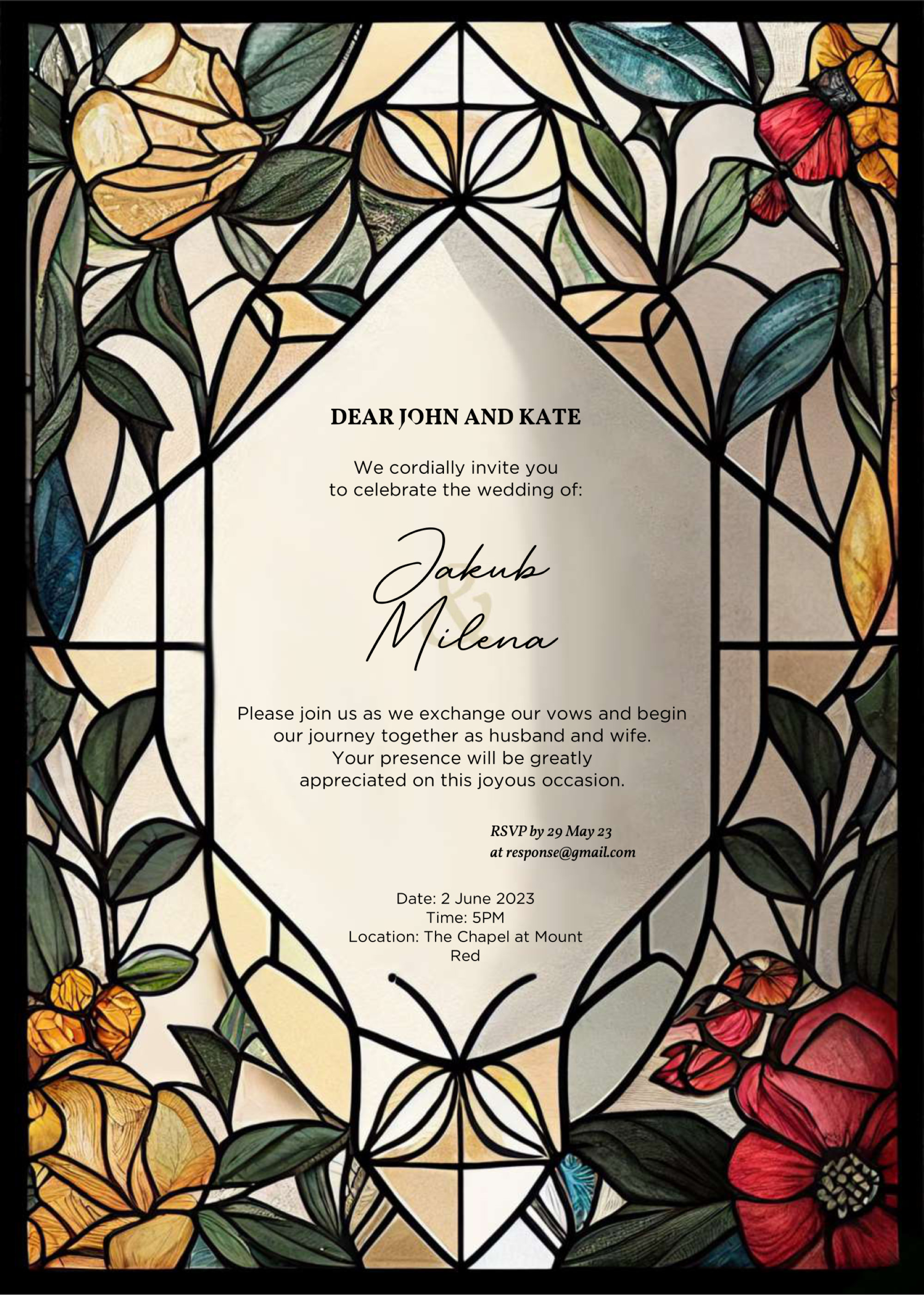 Floral Stained Glass Frame Digital Wedding Invitation - Handcrafted and ...