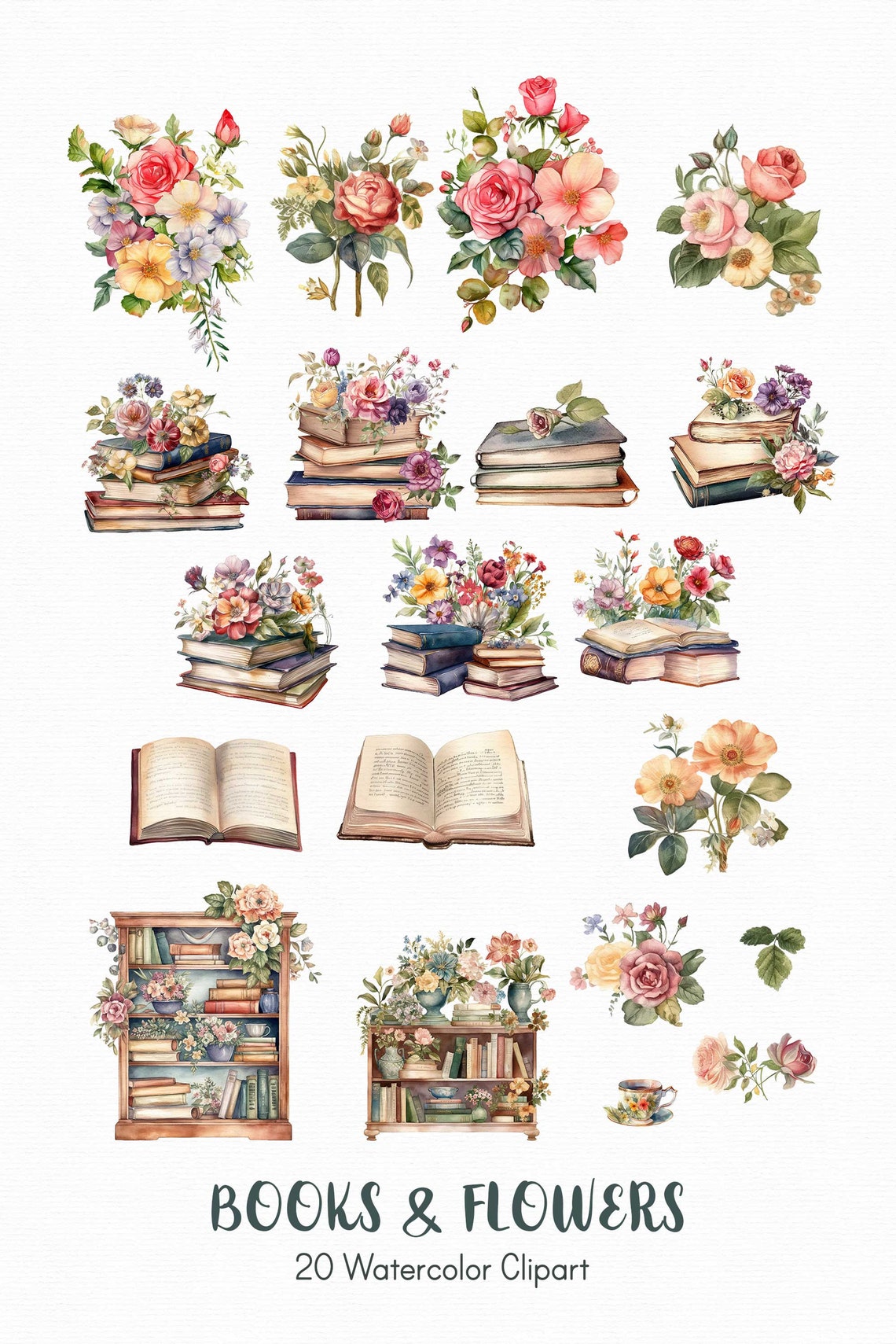 Vintage Books Clipart, Watercolor Clipart, Flowers Clipart, Floral ...