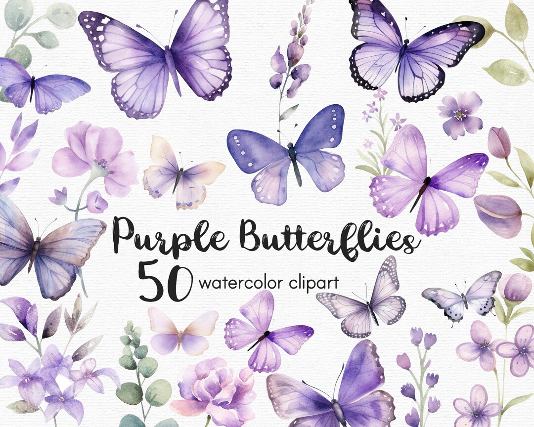 Purple Butterfly Clipart, Flowers Clipart, 50 Png Files With ...