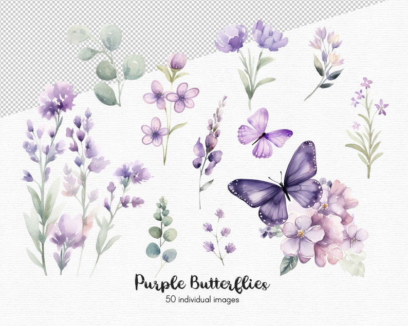 Purple Butterfly Clipart, Flowers Clipart, 50 Png Files With ...