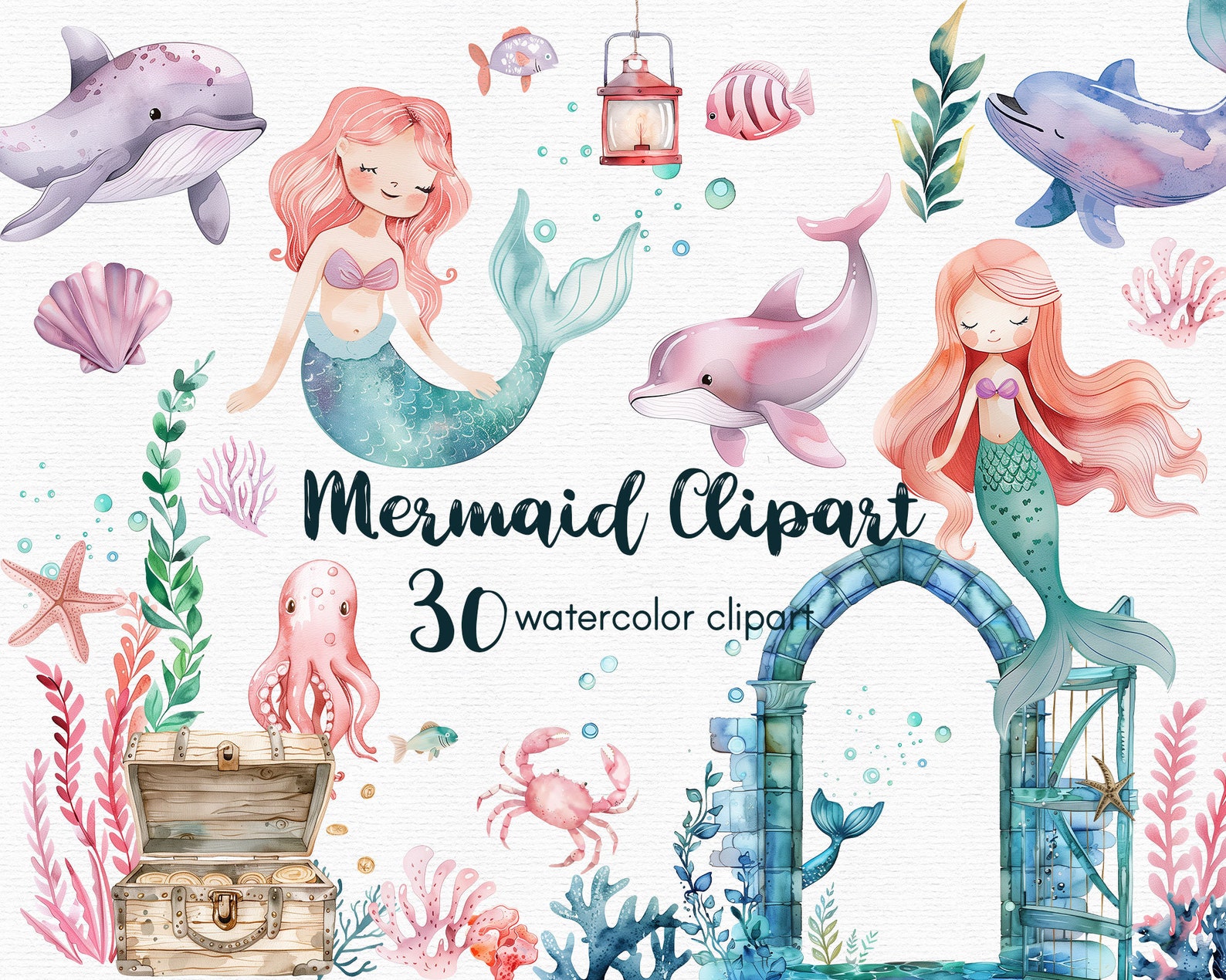Mermaid Clipart, Underwater Creatures Dolphin Clipart Ocean Clipart, 30 ...