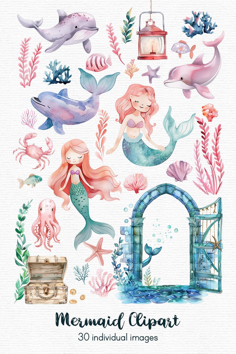 Mermaid Clipart, Underwater Creatures Dolphin Clipart Ocean Clipart, 30 ...