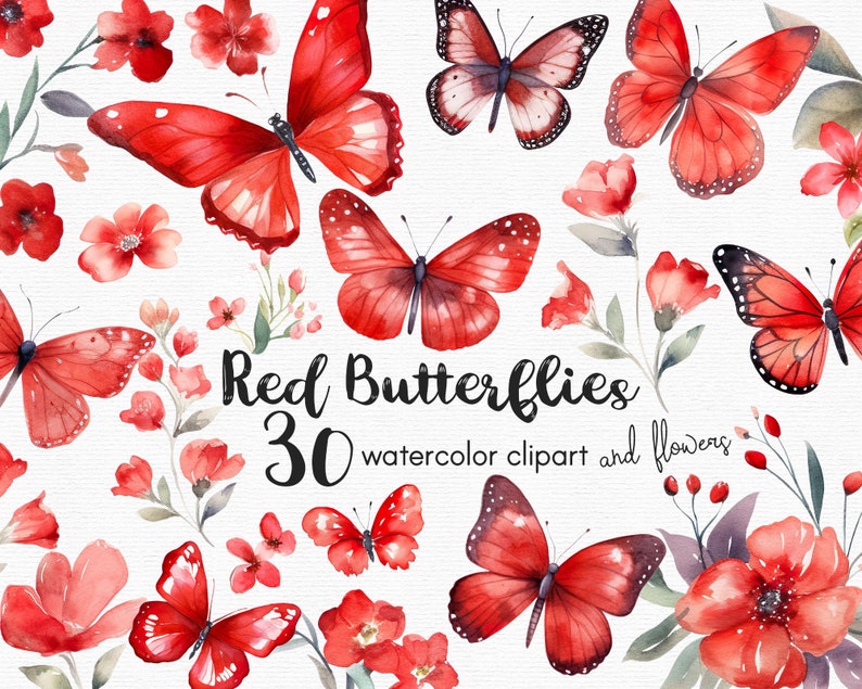 Red Butterfly Clipart, Flowers Clipart, 30 Png Files With Transparent ...