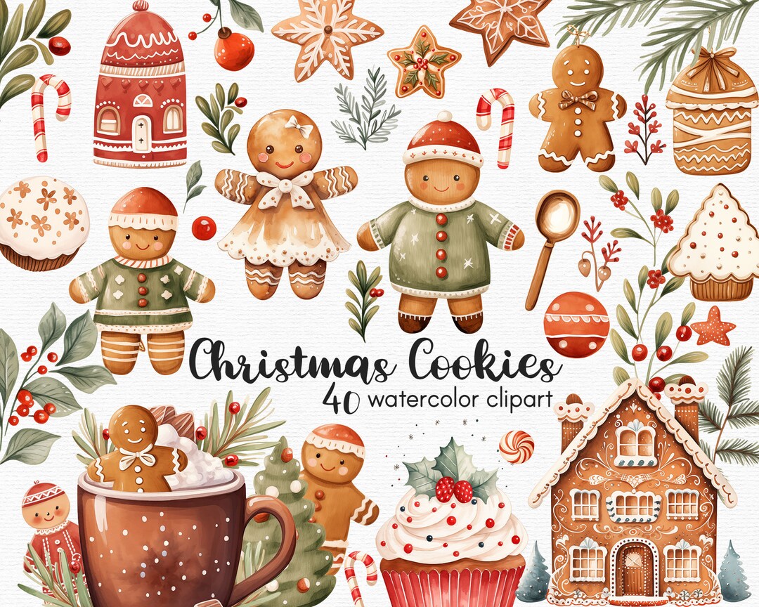 Watercolor Gingerbread Cookies, Christmas Clipart, 40 Png Files With ...