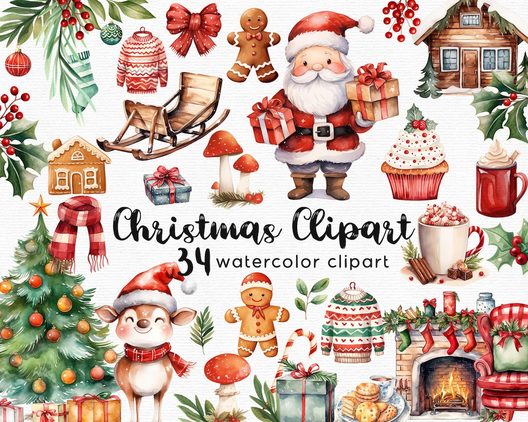 Watercolor Christmas Clipart, Clipart Bundle 34 Png Files With ...
