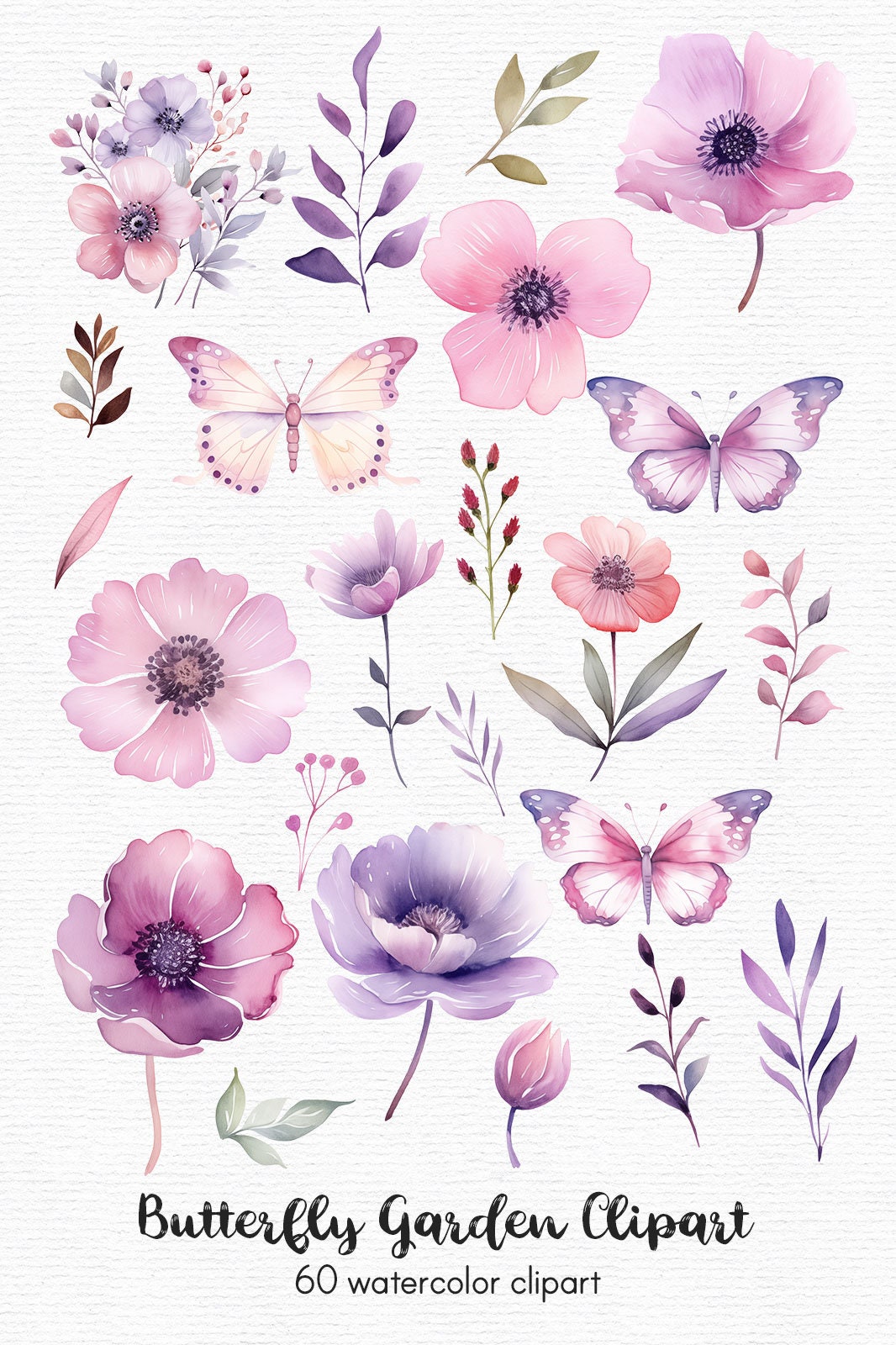 Purple Butterfly Clipart, Flowers Clipart, 60 Png Files With ...