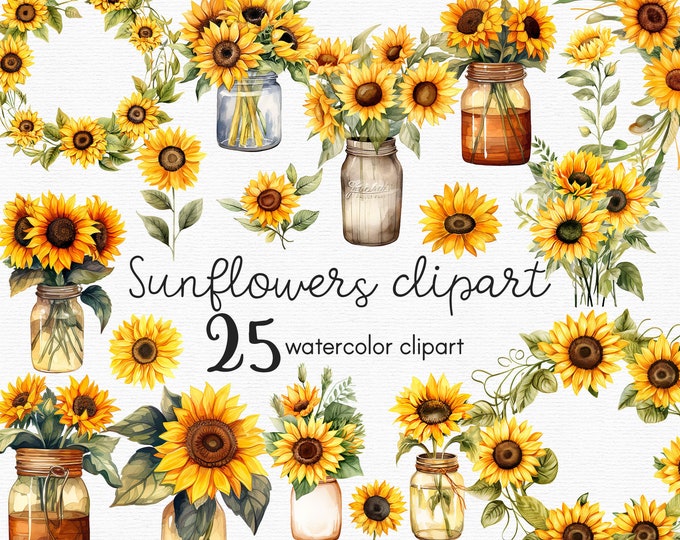 Watercolor Sunflower Garden Clipart Png Bundle, Watercolor Sunflower ...
