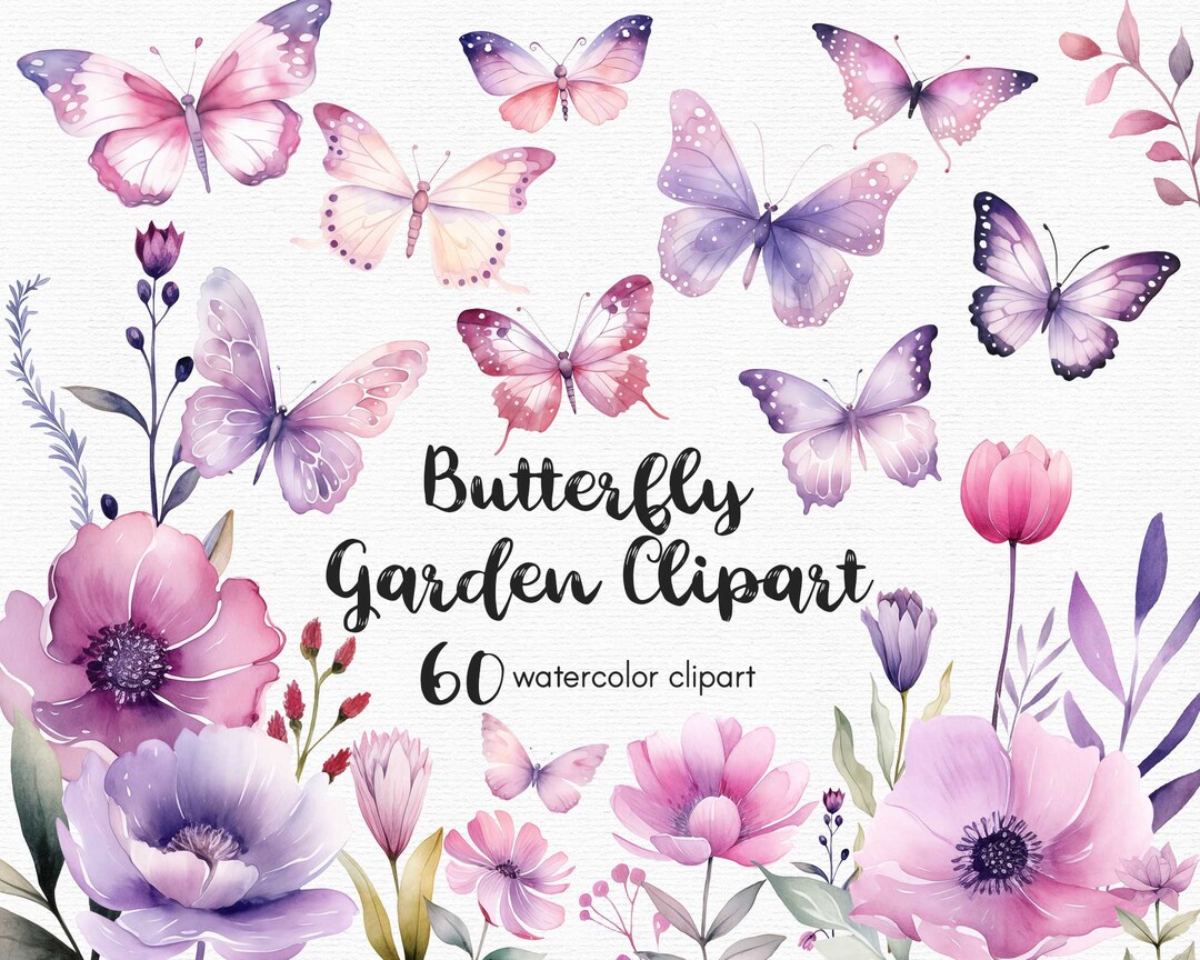 Purple Butterfly Clipart, Flowers Clipart, 60 Png Files With ...