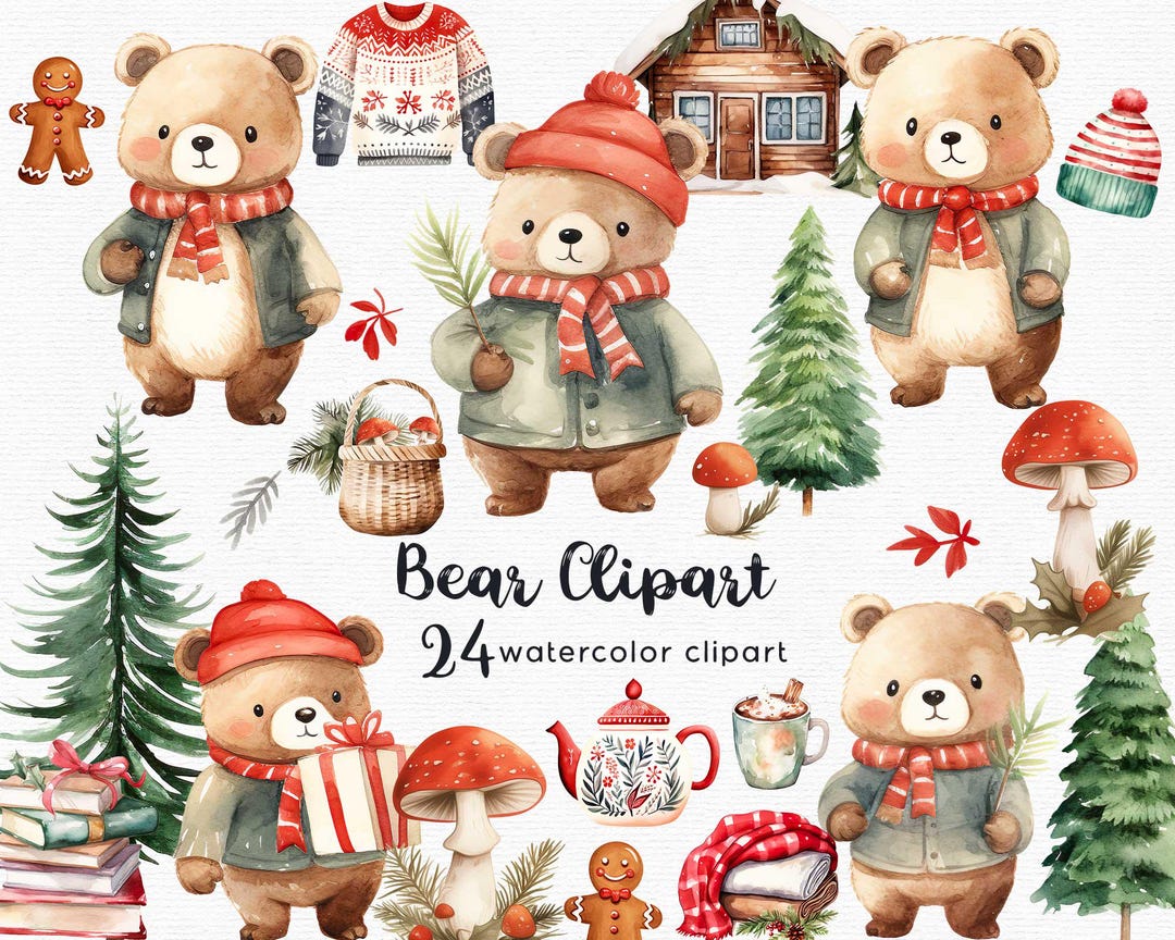 Teddy Bear Clipart, Christmas Watercolor Clipart, 24 Png Files With ...