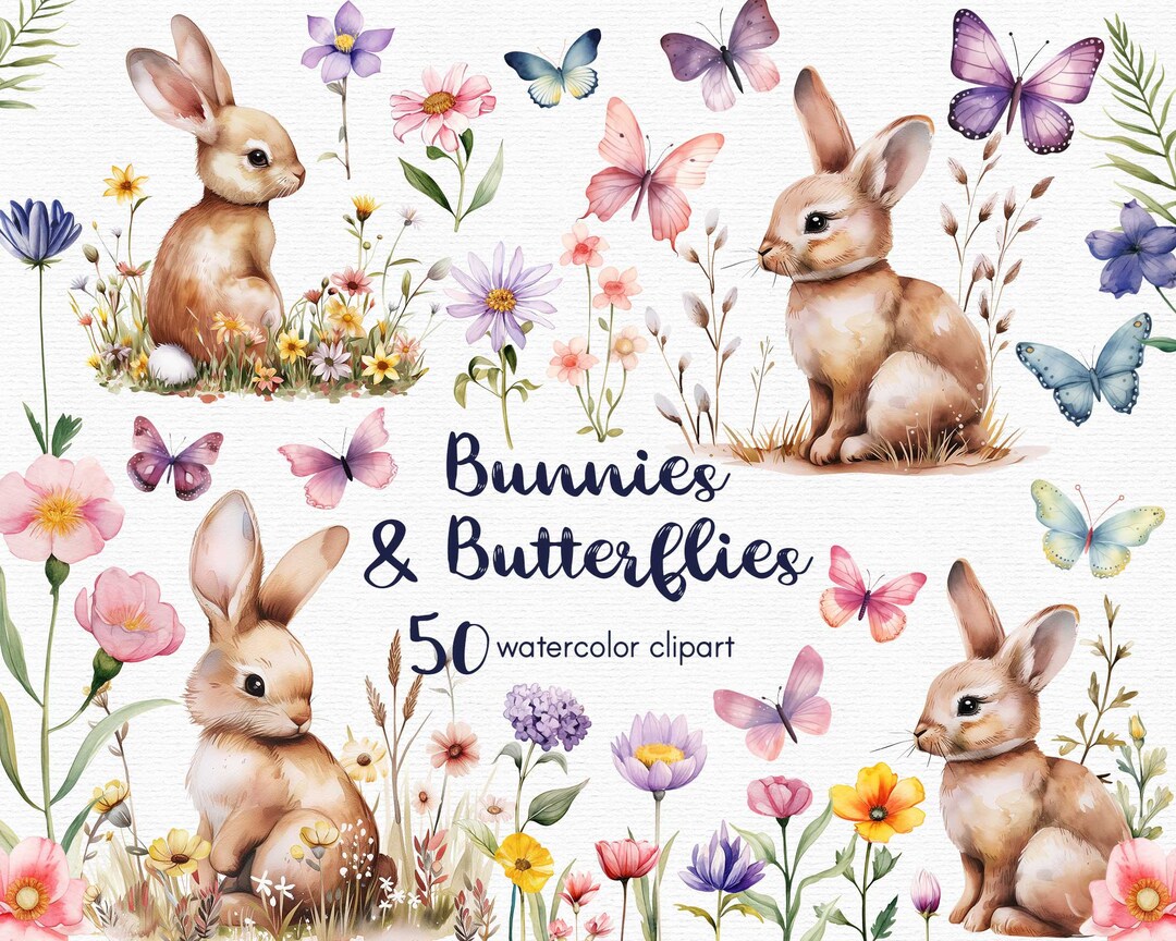 Butterfly Clipart, Bunny and Wildflowers, Garden Clipart Flowers ...