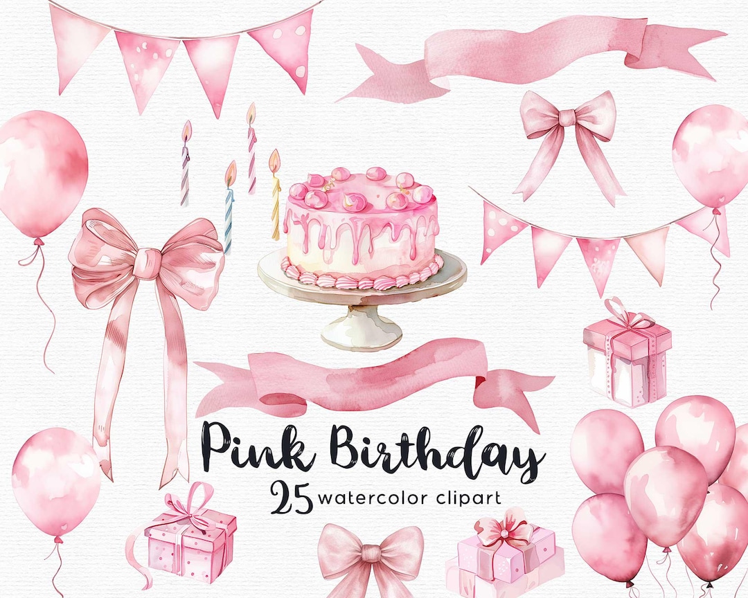 Pink Birthday Clipart, Watercolor Clipart, Banner Clipart, 25 Png Files ...