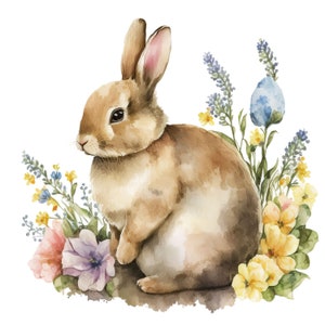 Watercolor Bunnies Clipart, Bunny and Flowers Clip Art, Rabbit Clipart ...