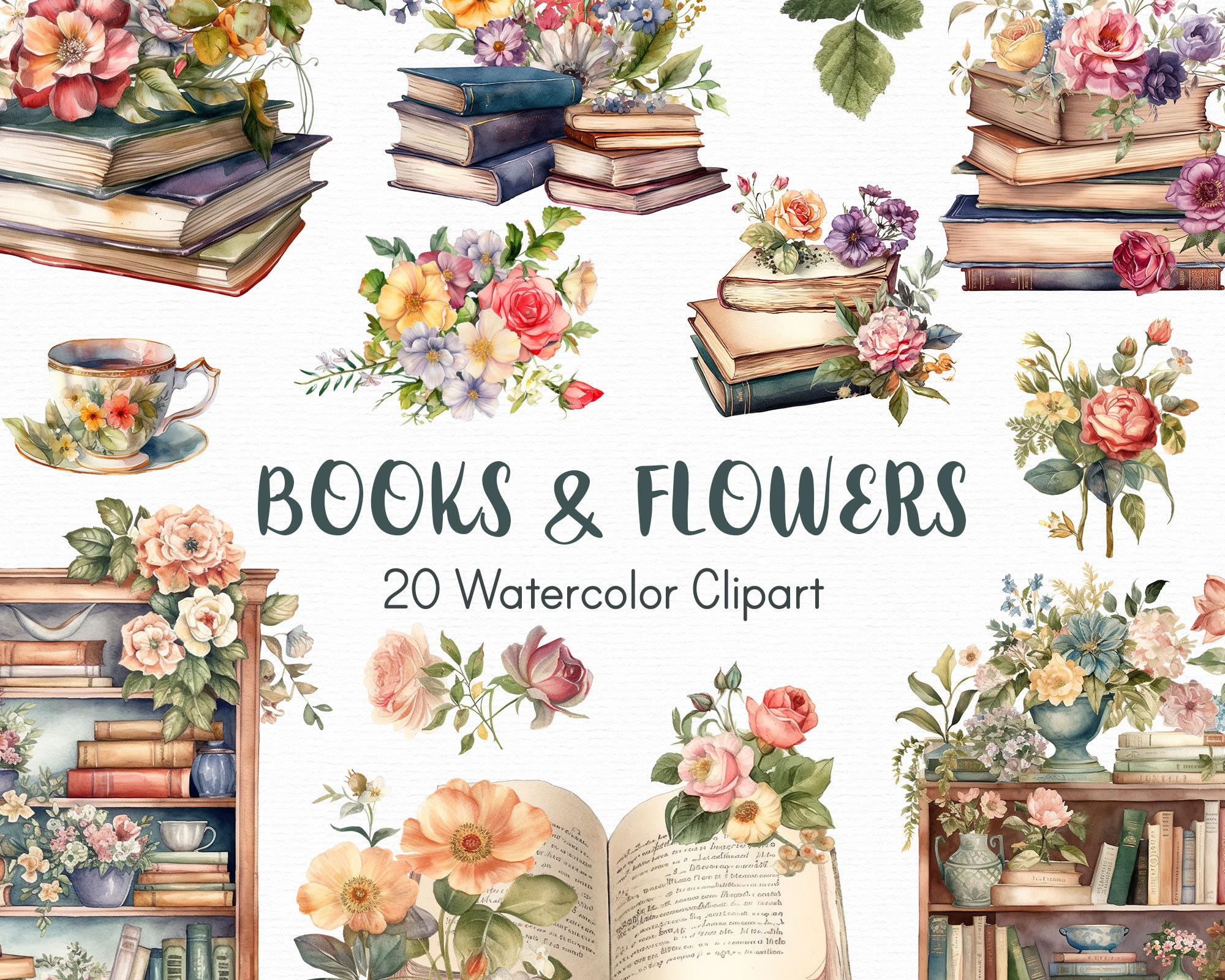 Vintage Books Clipart, Watercolor Clipart, Flowers Clipart, Floral ...