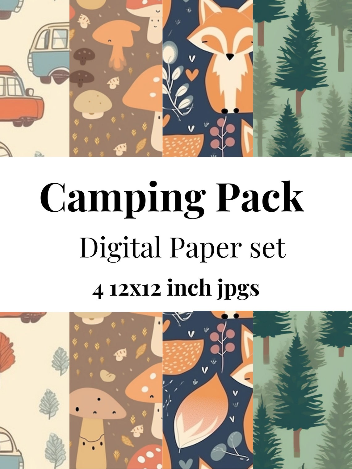 4 Pack Digital Paper Set Camping Pack, Foxes, Forest, Boho Seamless ...