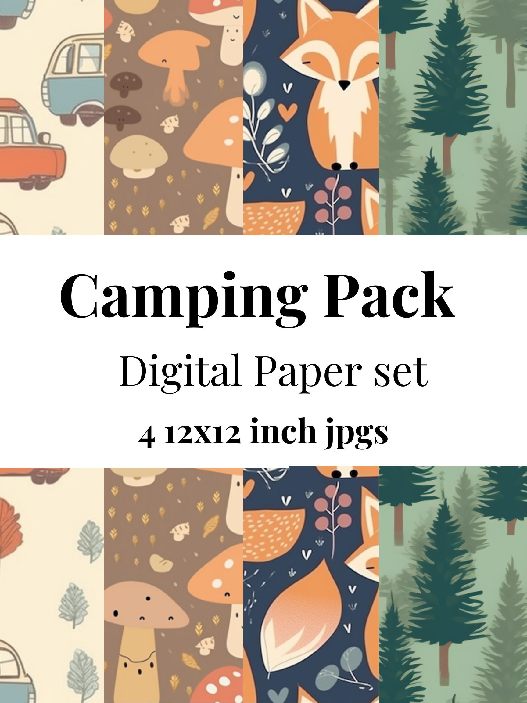 4 Pack Digital Paper Set Camping Pack, Foxes, Forest, Boho Seamless ...