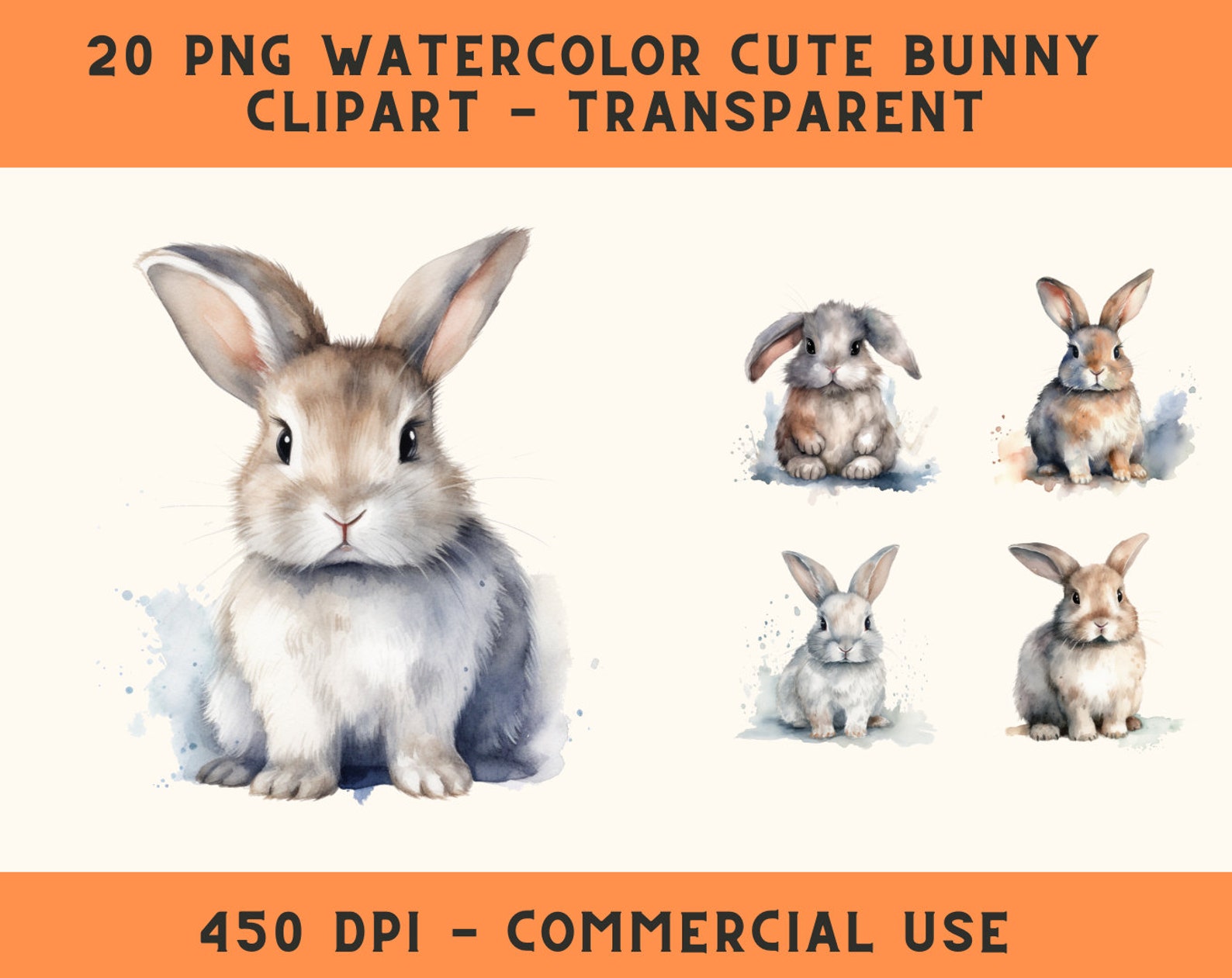 20 Watercolor Cute Bunny Clipart, Transparent Background PNG, Variety ...