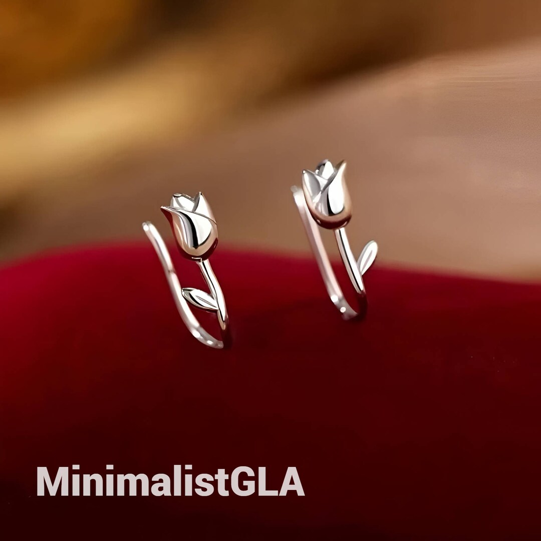 Minimalist Floral Drop Earrings, Dainty Tulip Stud Earrings, Summer Earrings, Cute Silver Stud ...