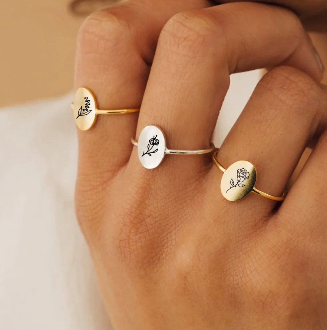 Oval Coin Handmade Ring Birth Flower, Constellation, Zodiac or Pet ...