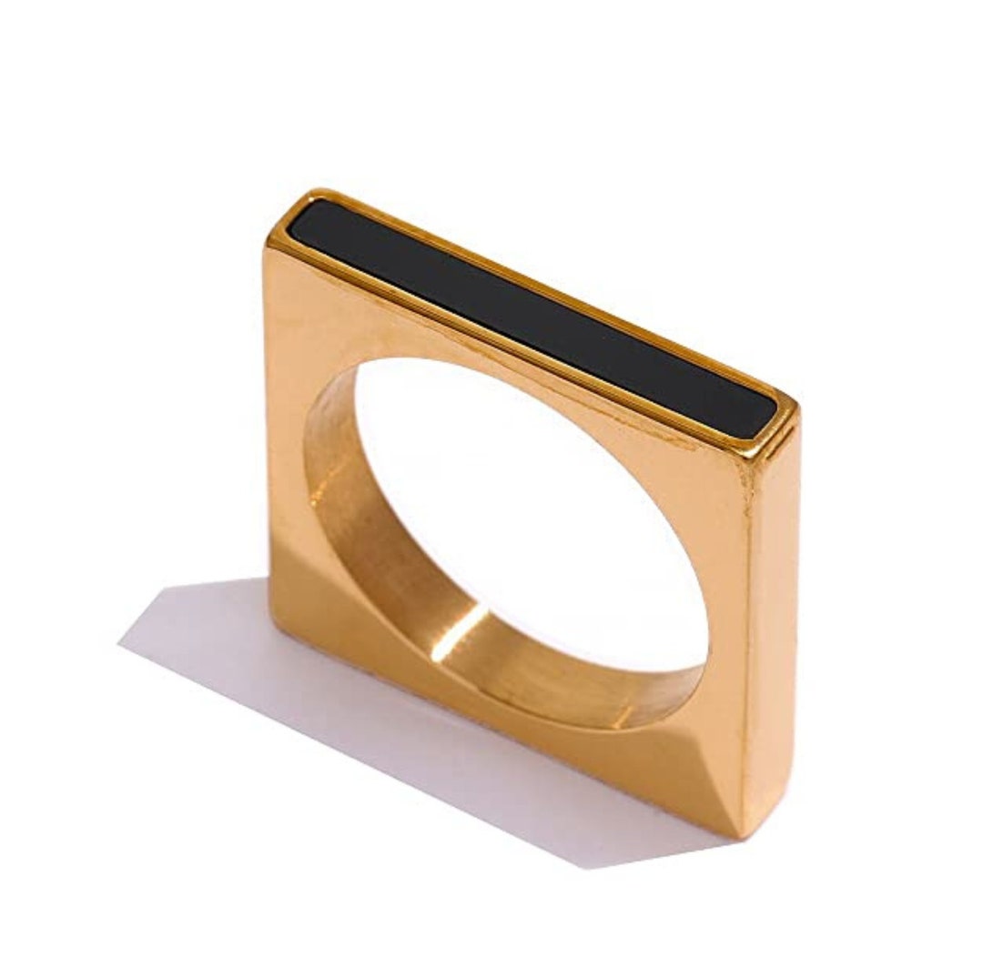 Black Square Statement Ring 18k Gold Unic Square Form Ring Exotic Gold Rings Waterproof Gift for ...