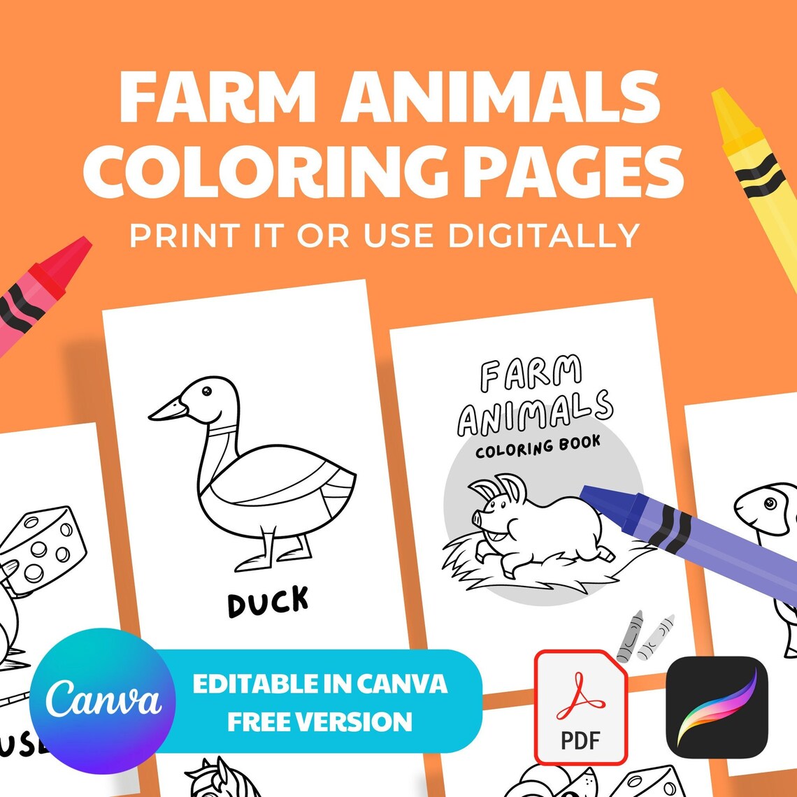 Printable and Editable Farm Animal Coloring Pages for Kids or Adults ...