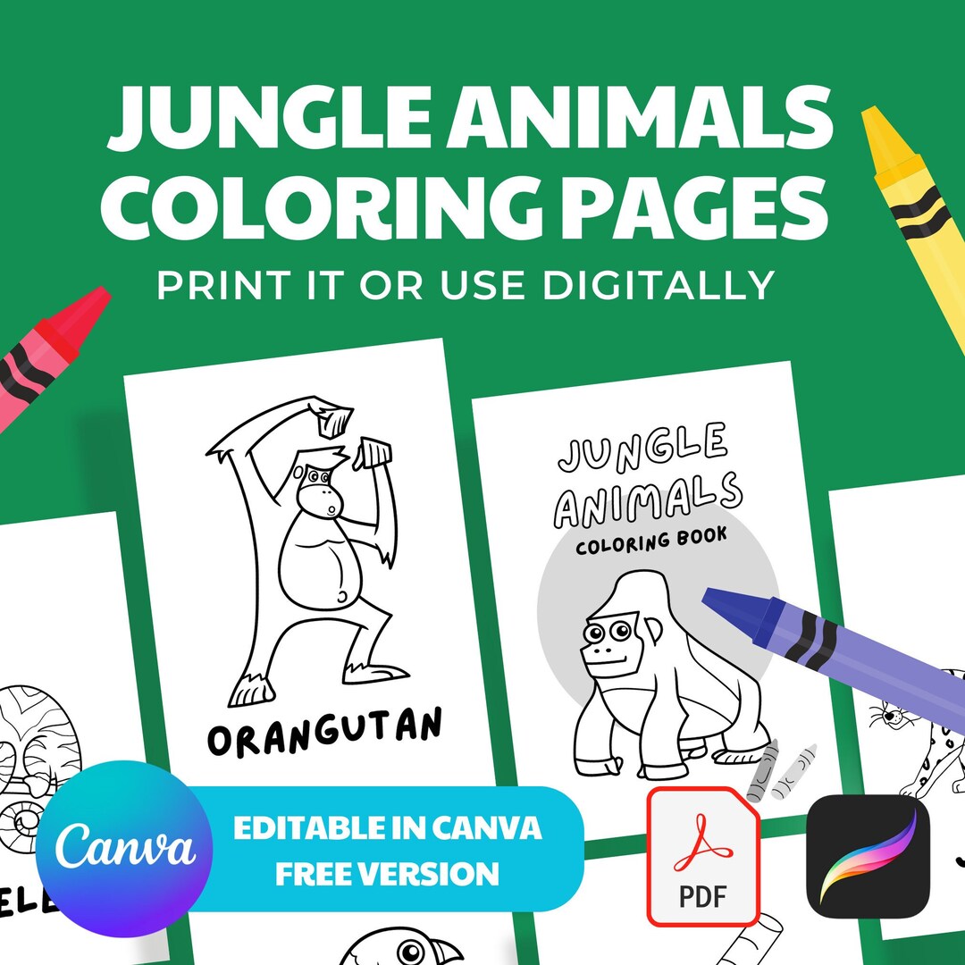 Printable and Editable Jungle Animal Coloring Pages for Kids or Adults ...