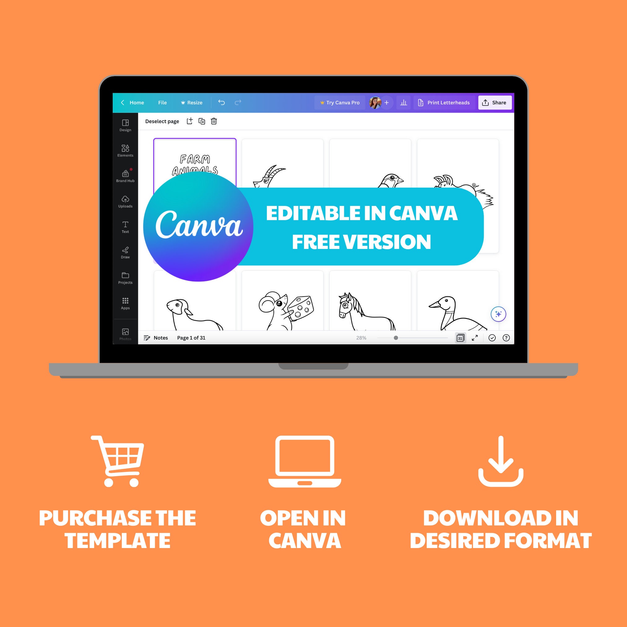 Printable and Editable Farm Animal Coloring Pages for Kids or Adults ...