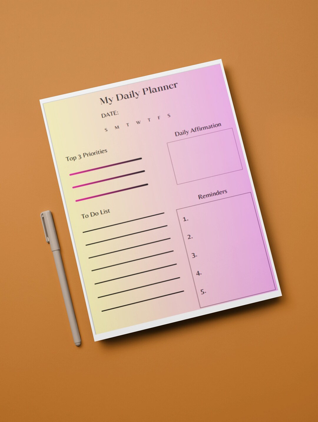 Simple Daily Planner, Printable, Gradient Coloured Daily Planner ...