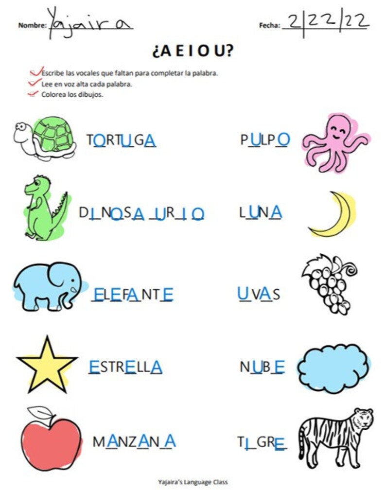 Spanish Vowels Worksheet - Etsy
