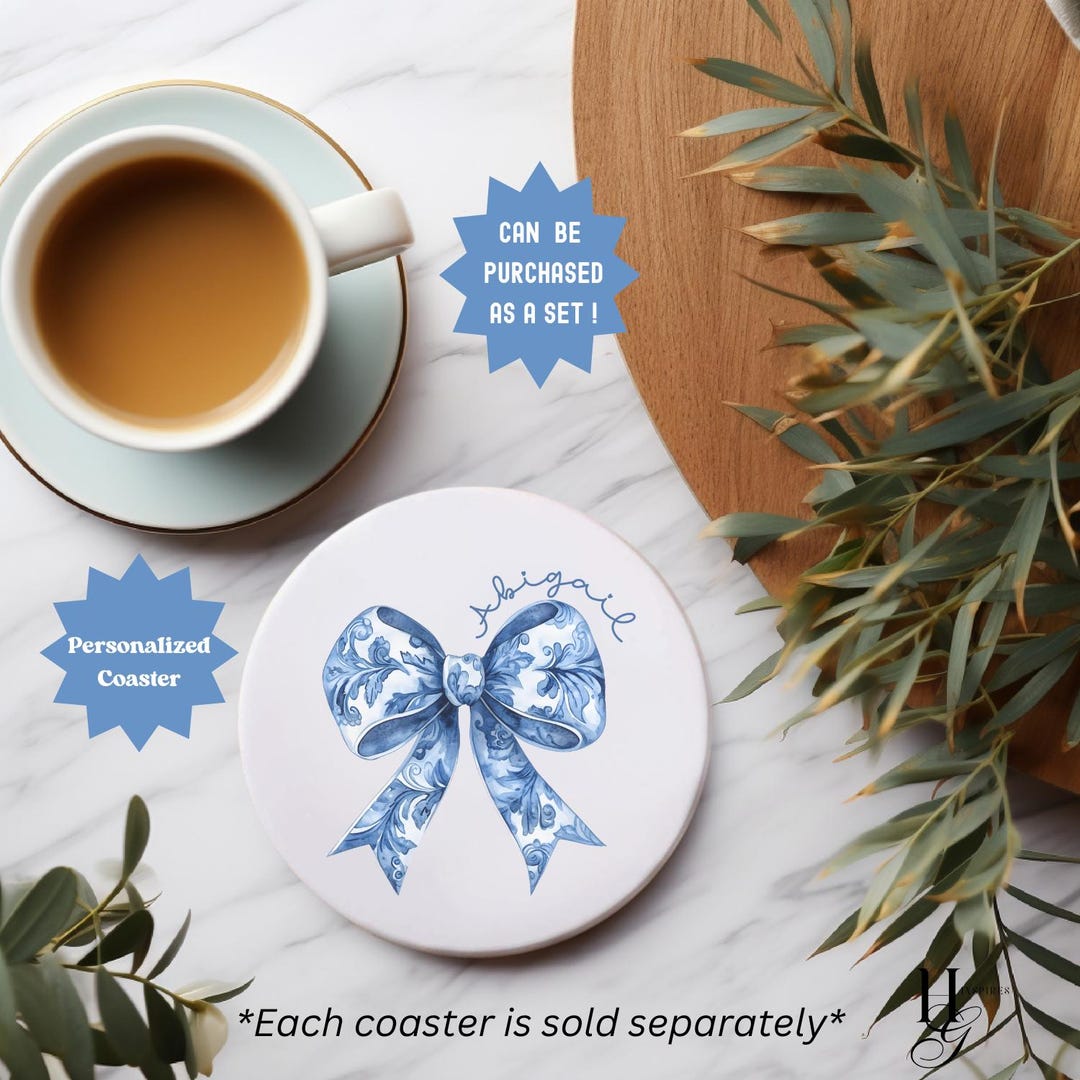 Personalized Round Blue Toile Coasters Coquette Bow Custom Name Drinks ...