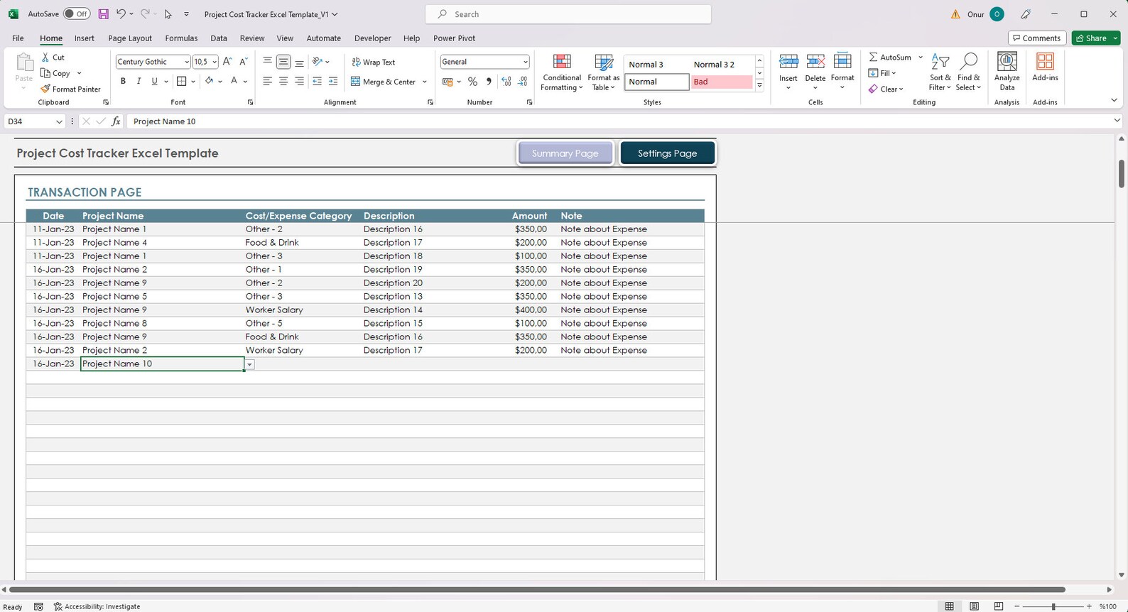 Project Cost Tracker Excel Template: Expense & Budget Management - Etsy
