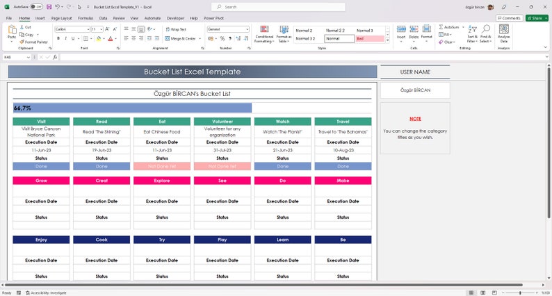 Bucket List Excel Template, Personel Bucket List Tracker, Editable ...
