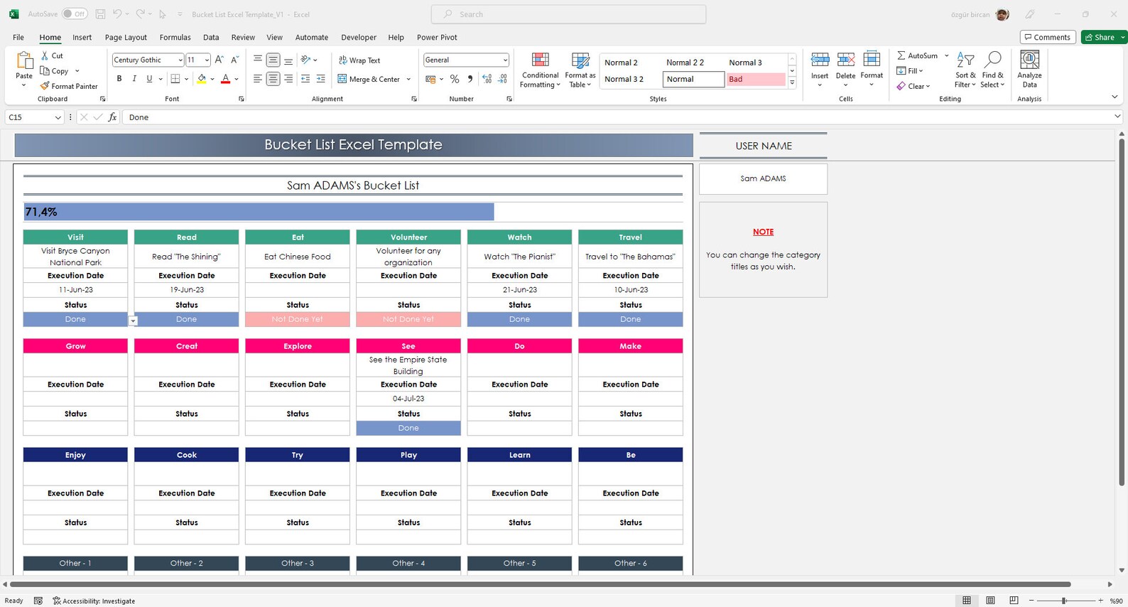 Bucket List Excel Template: Personal Goal Tracker (editable Spreadsheet ...