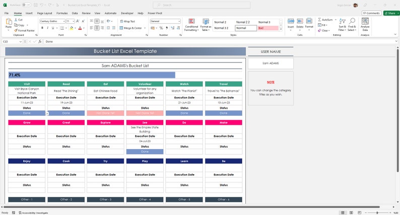 Bucket List Excel Template, Personel Bucket List Tracker, Editable ...