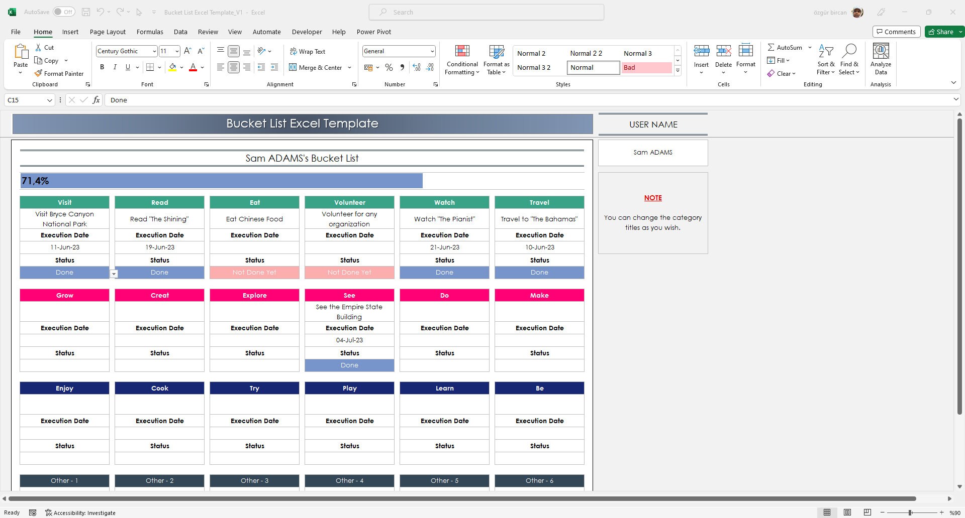 Bucket List Excel Template, Personel Bucket List Tracker, Editable ...