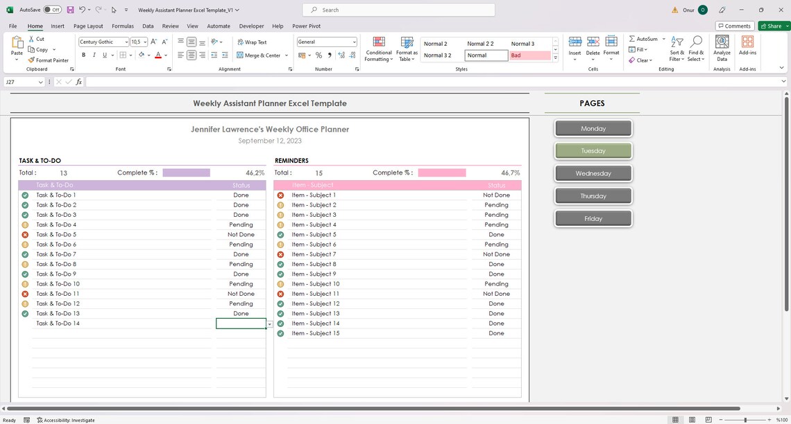 Weekly Assistant Planner Excel Template, 5 Days Office Planner Excel ...