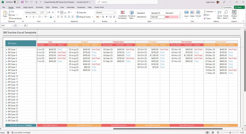 Monthly Bill Tracker Excel Template: 12-month Payment Tracker - Etsy