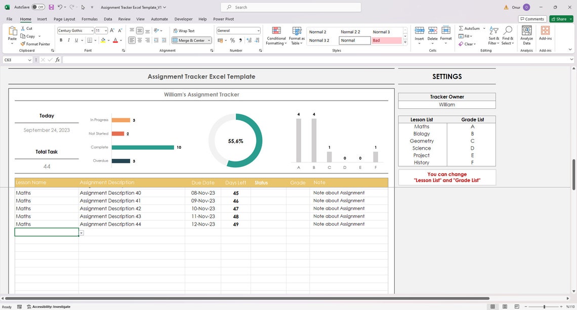 Assignment Tracker Excel Template, Assignment Task Tracker, Homework ...