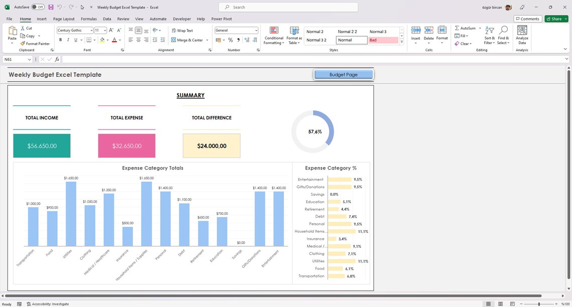Weekly Budget Excel Template: 52 Week Income & Expense Tracker - Etsy
