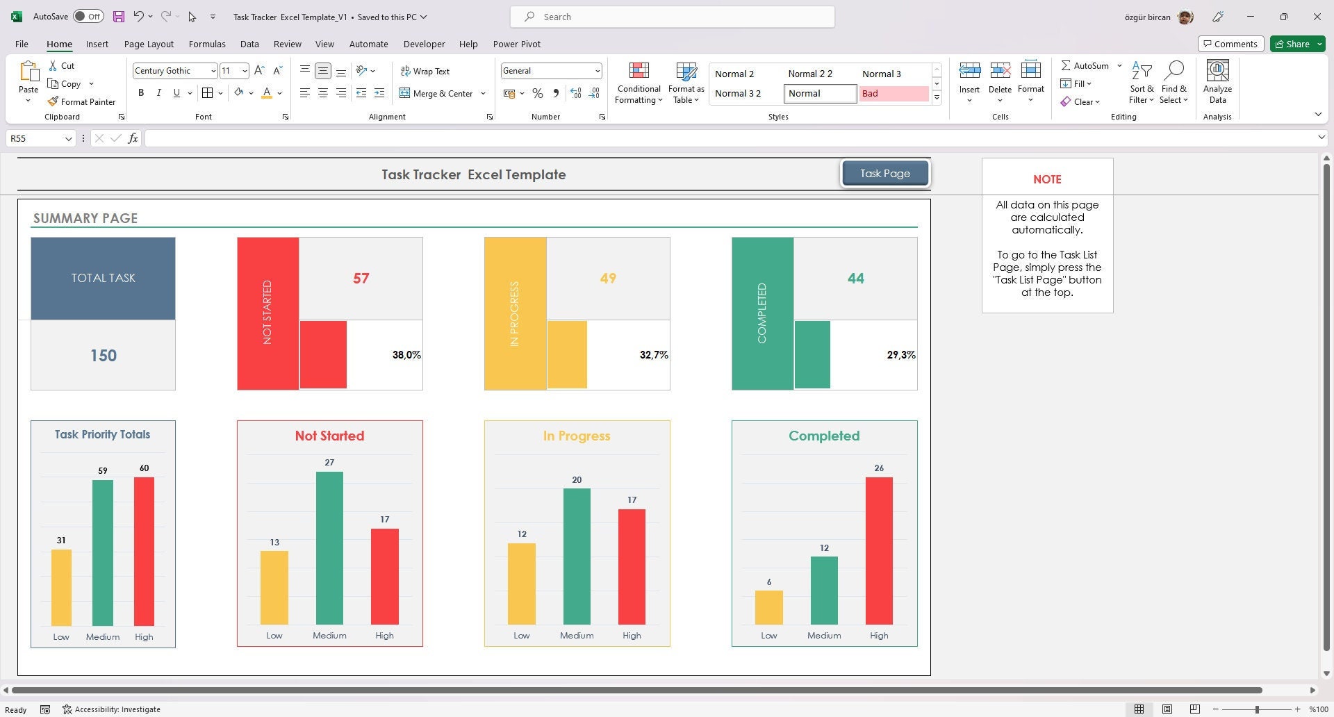 Task Tracker Excel Template, Task List Planner Excel Template, Excel ...