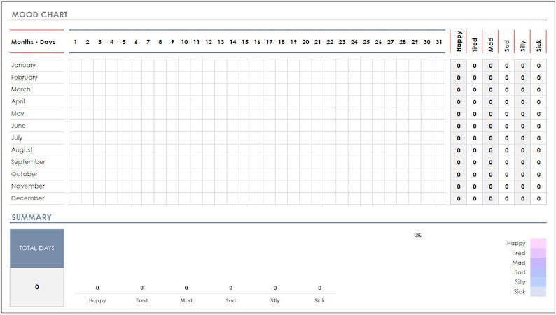 Mood Chart Tracker Excel Template, One Year Mood Chart Tracker Excel ...
