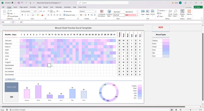 Mood Chart Tracker Excel Template, One Year Mood Chart Tracker Excel ...