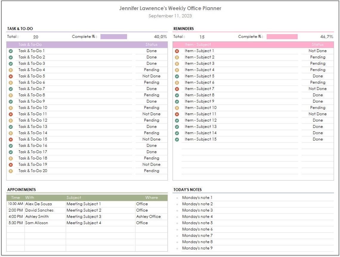 Weekly Assistant Planner Excel Template, 5 Days Office Planner Excel ...