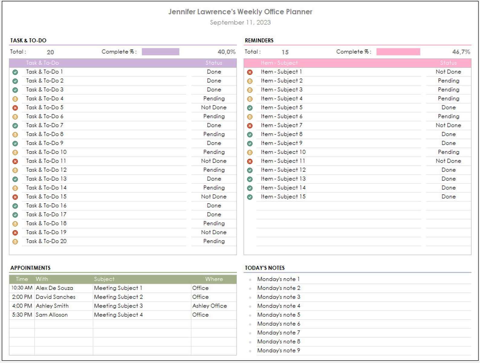 Weekly Assistant Planner Excel Template, 5 Days Office Planner Excel ...