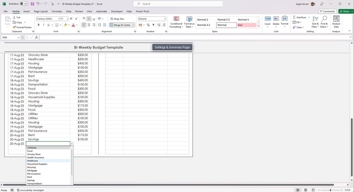 Bi-weekly Budget Excel Template, 2 Weeks Budget Excel Template, Bi ...