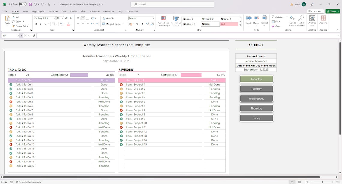 Weekly Assistant Planner Excel Template, 5 Days Office Planner Excel ...