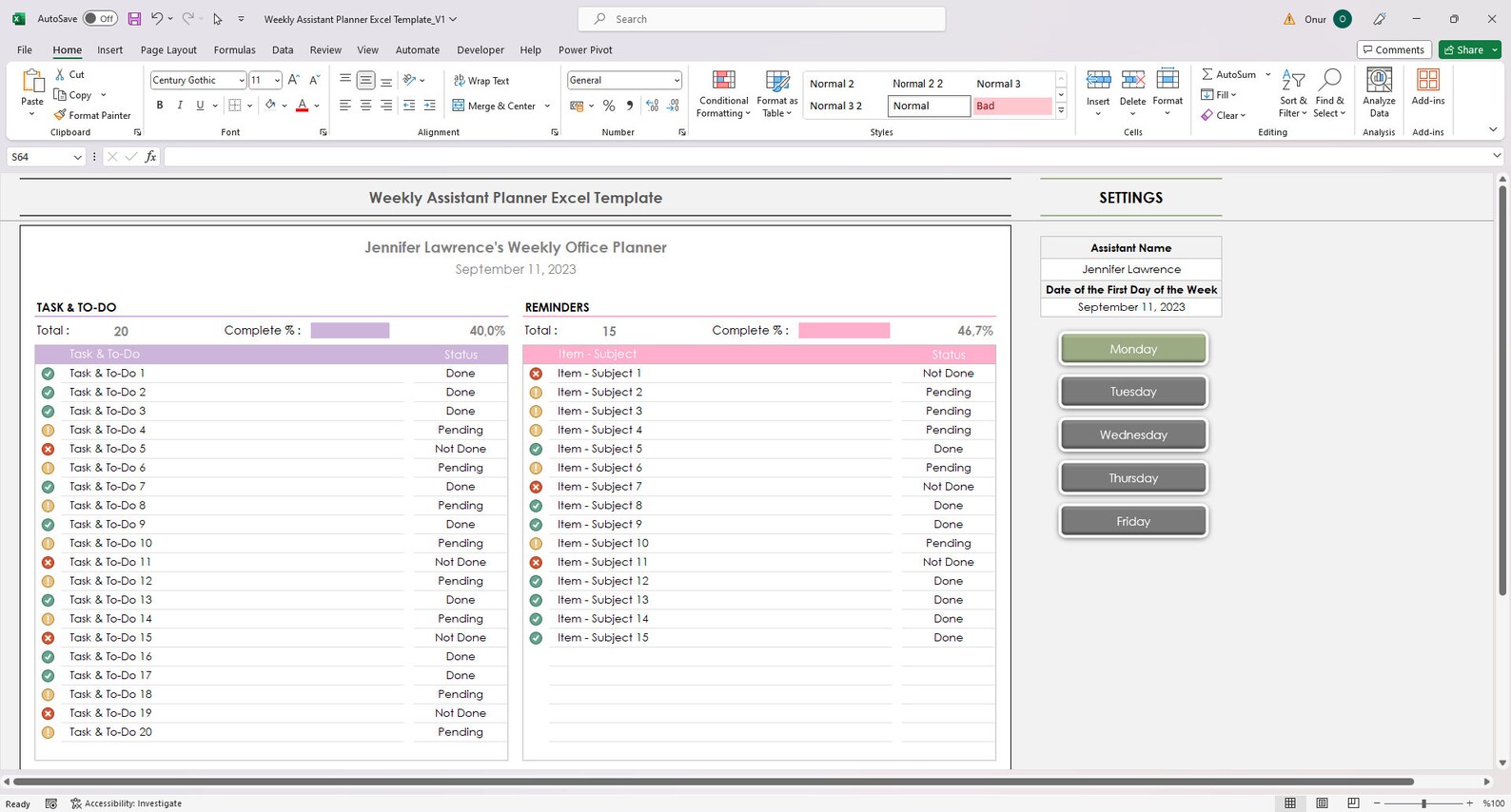 Weekly Assistant Planner Excel Template, 5 Days Office Planner Excel ...