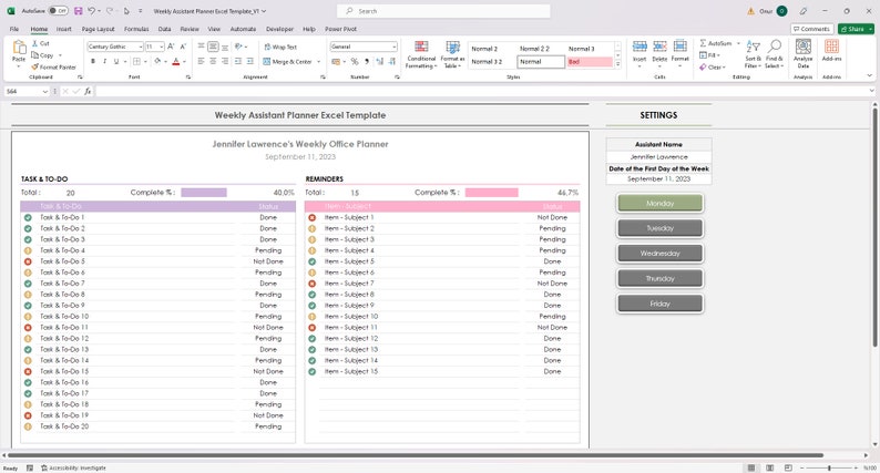 Weekly Assistant Planner Excel Template, 5 Days Office Planner Excel ...