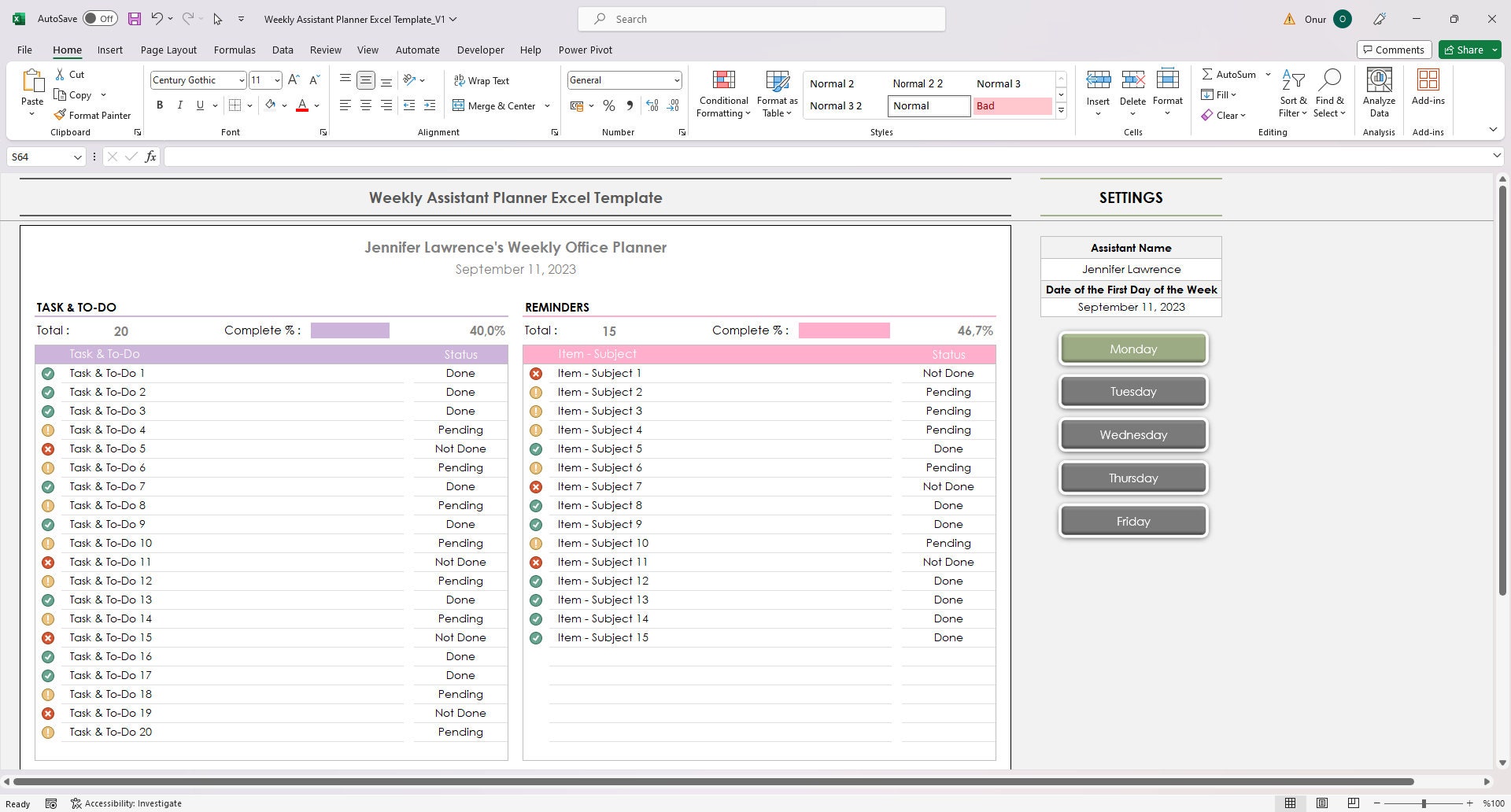Weekly Assistant Planner Excel Template, 5 Days Office Planner Excel ...