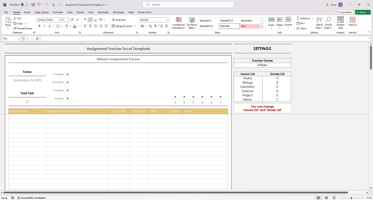 Assignment Tracker Excel Template: Homework Planner (digital Download ...